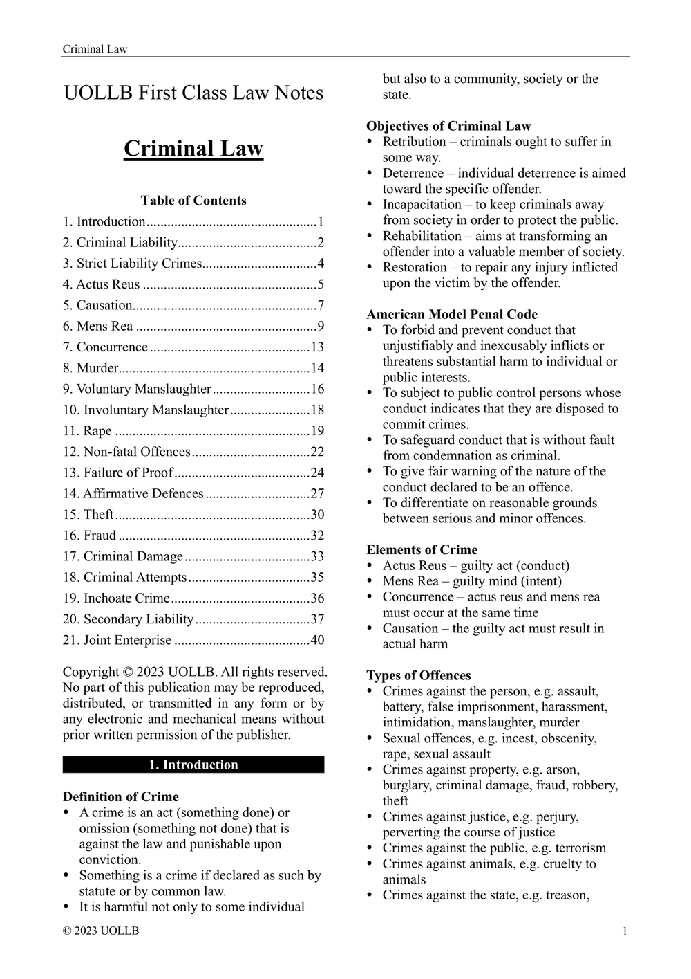UOLLB First Class Law Notes