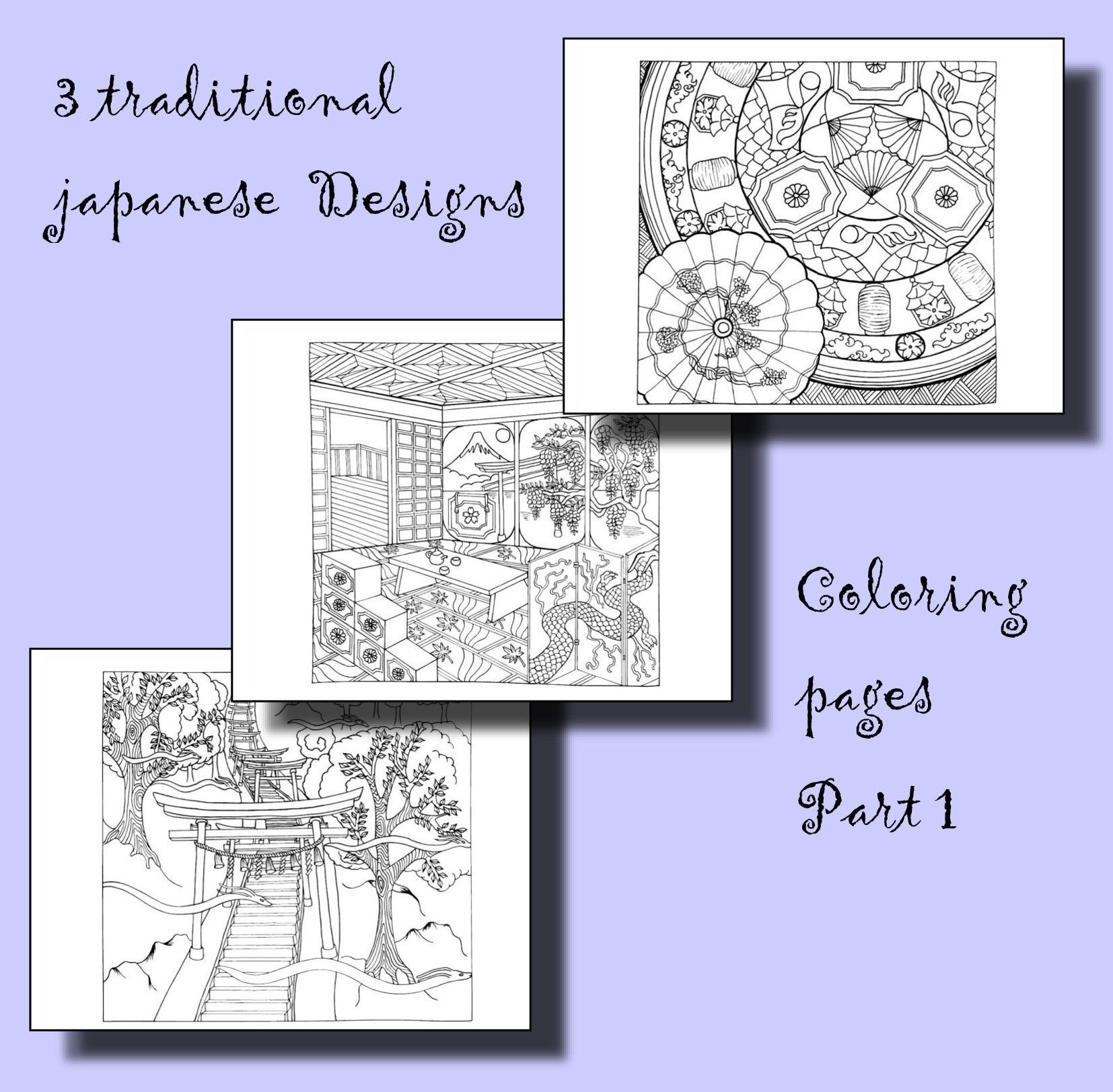3 traditional japanese designs part 1 digital coloring pages - Payhip