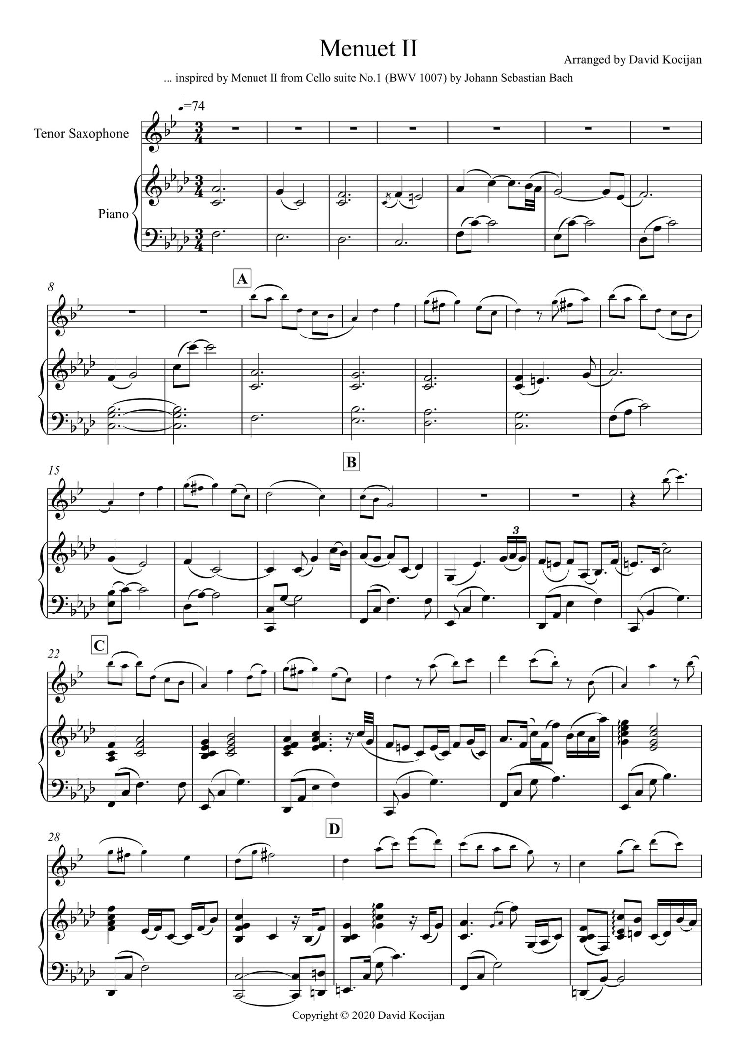 Bach: Menuet II from Cello suite No.1 (tenor sax & piano) EASY SHEET ...