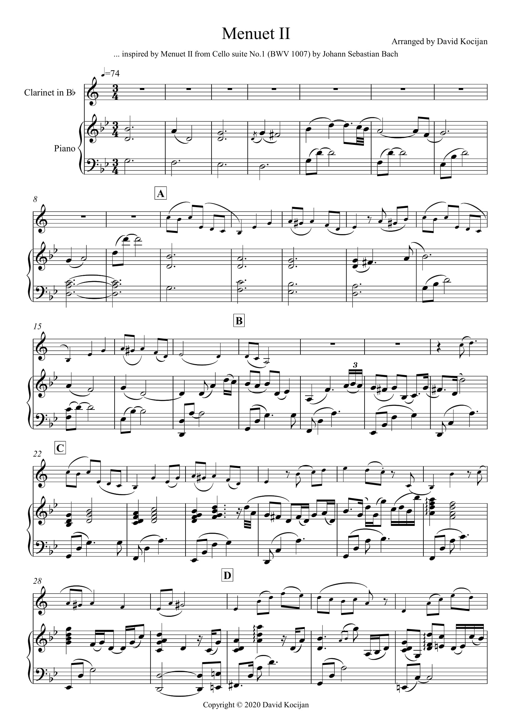 Bach: Menuet II from Cello suite No.1 (clarinet & piano) EASY SHEET ...