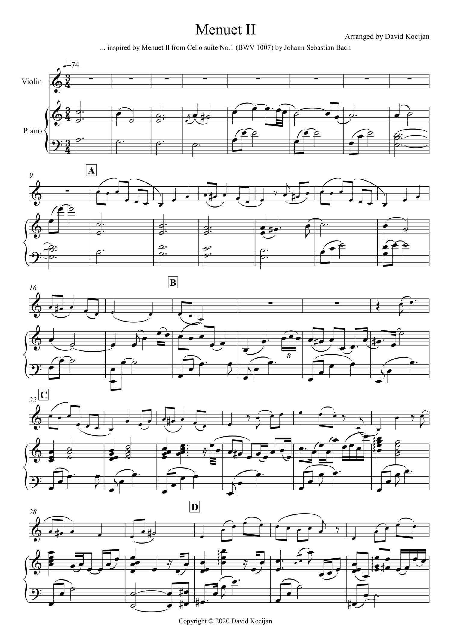 Bach: Menuet II from Cello suite No.1 (violin & piano) EASY SHEET MUSIC & backing track - Payhip