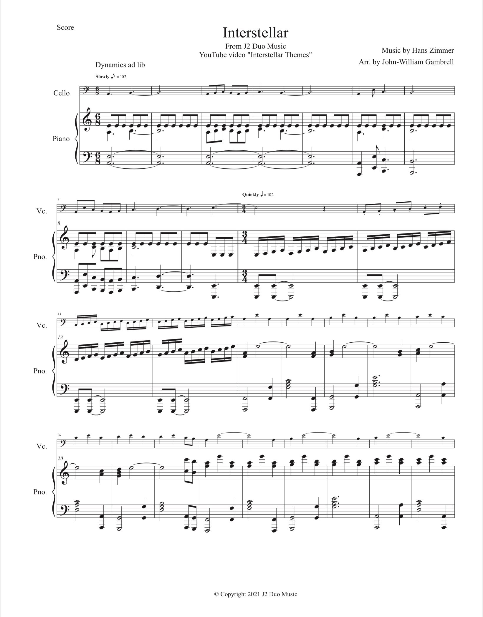 Interstellar Themes (Piano Cello) J2 Duo Music - Payhip