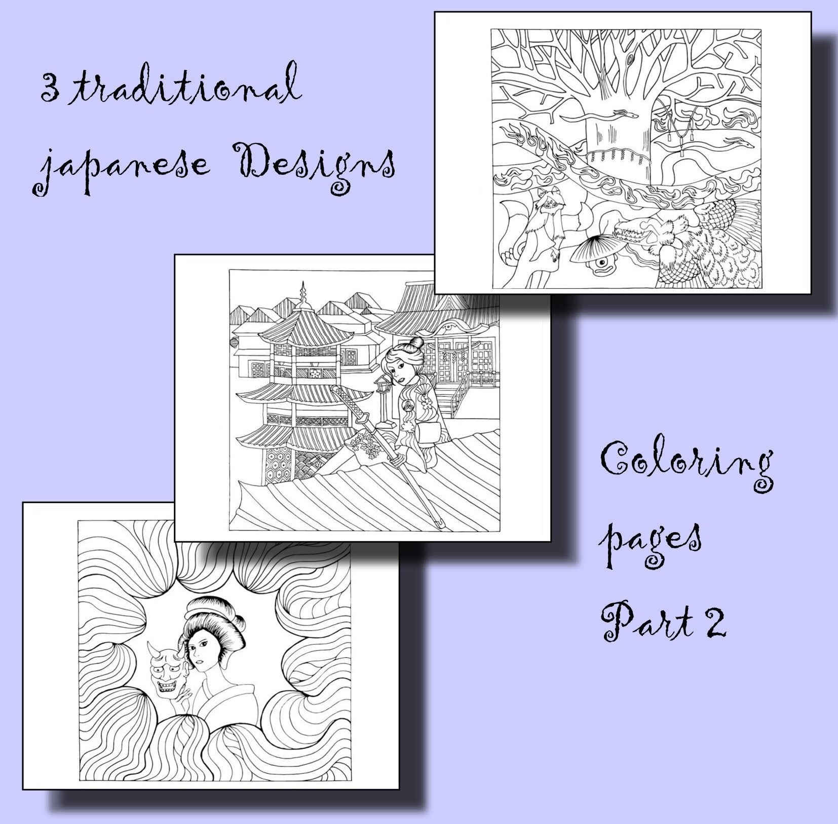 3 traditional japanese designs part 2 digital coloring pages - Payhip