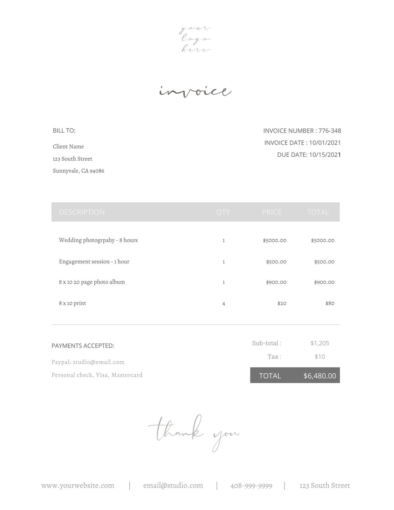 Invoice Template Minimalist with Calligraphy - Canva Template No Photoshop - Payhip
