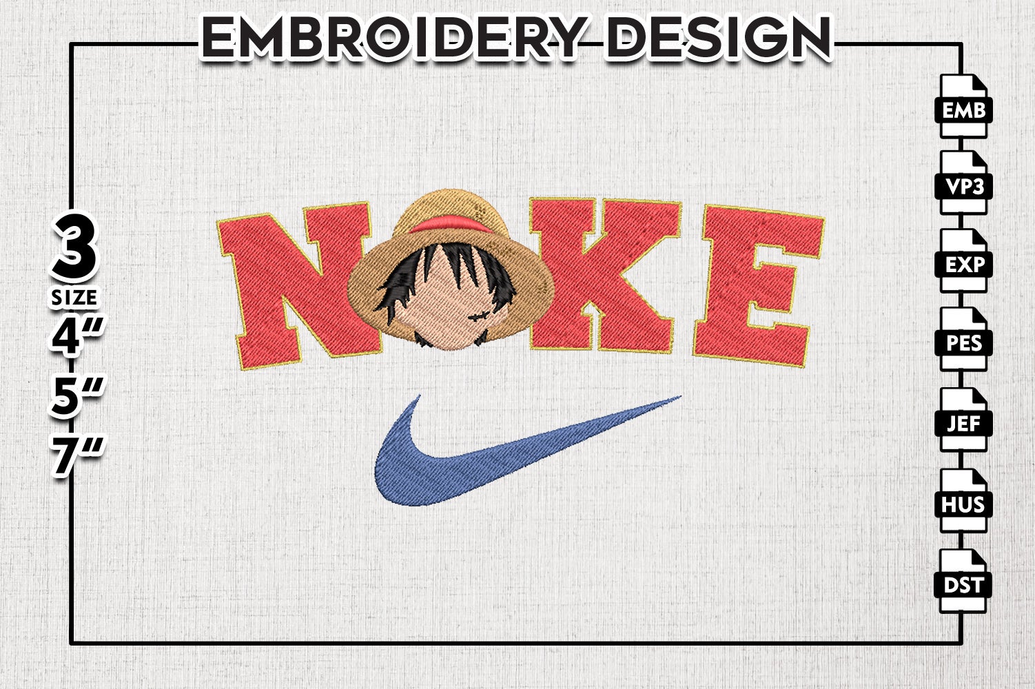 Monkey D Luffy Embroidery design file, Anime embroidery designs ...