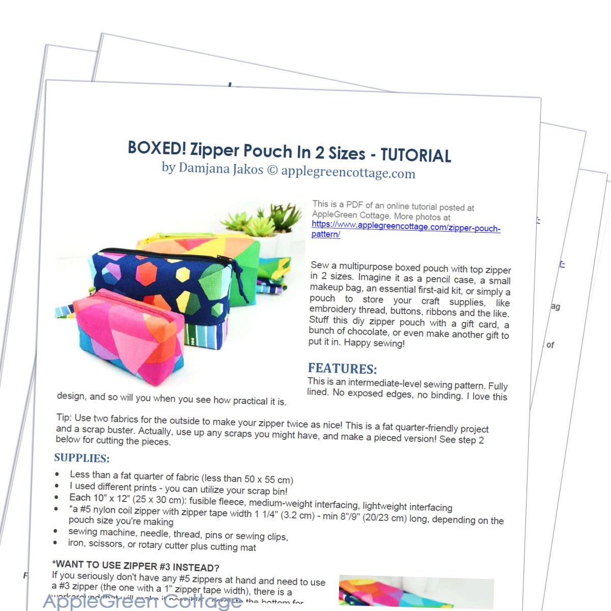 BOXED Zipper Pouch In 2 Sizes - Printable Tutorial PDF