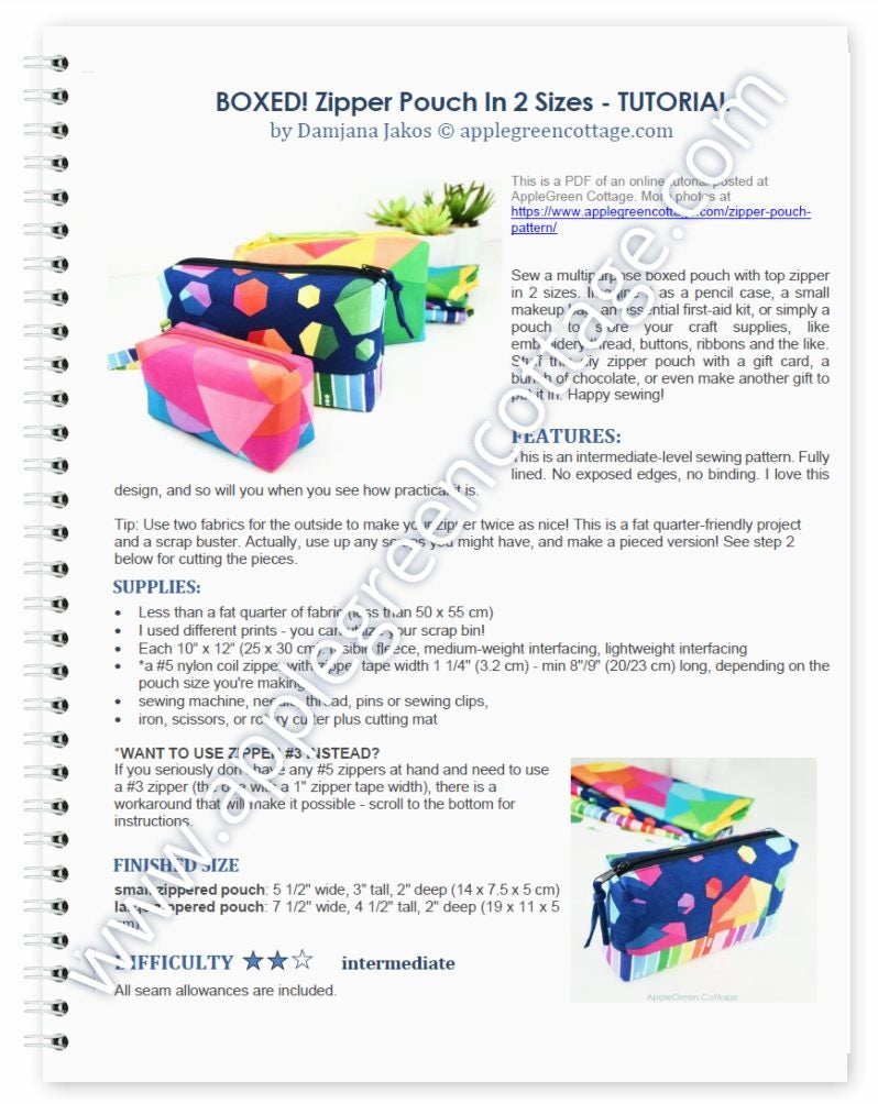 BOXED Zipper Pouch In 2 Sizes - Printable Tutorial PDF