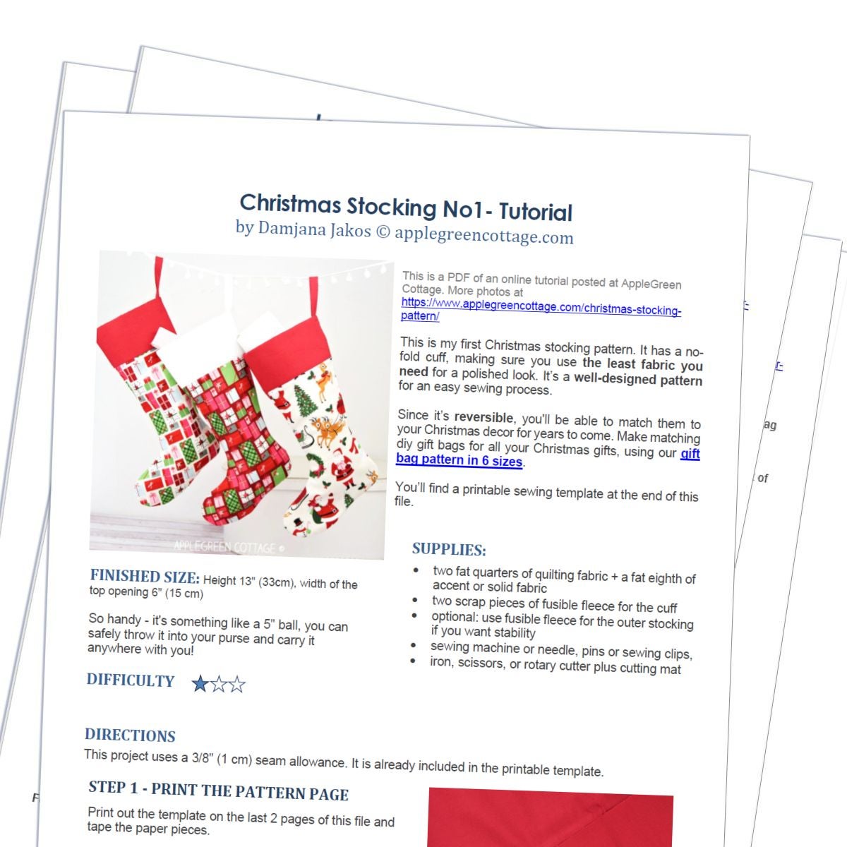 Christmas Stocking No1 - Printable Tutorial PDF