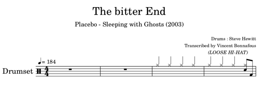Placebo - The Bitter End Drum Transcription (5 pages) - Payhip