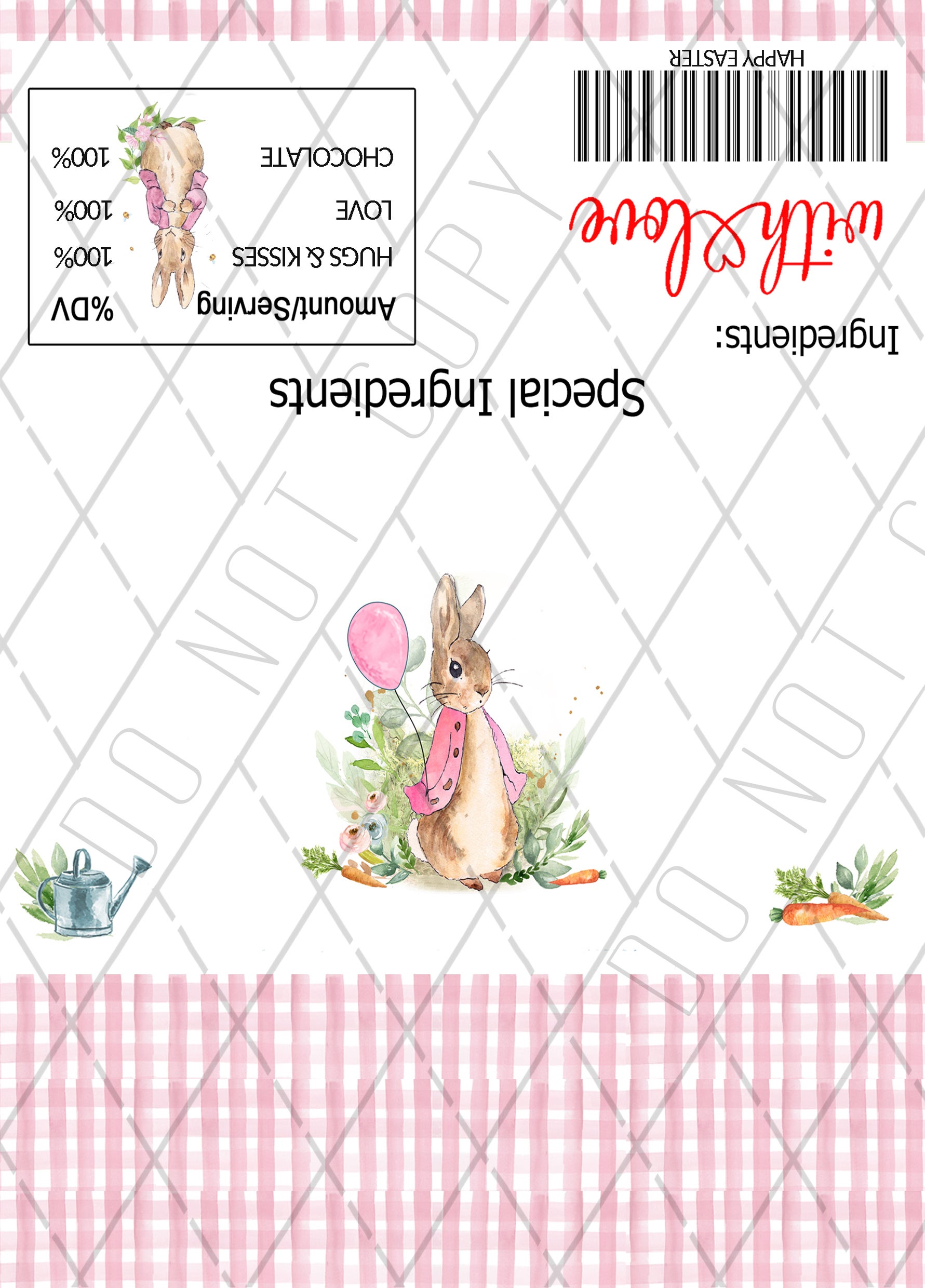 Easter chocolate wrapper Pink gingham B 110g - Instant download digital file with space to ...