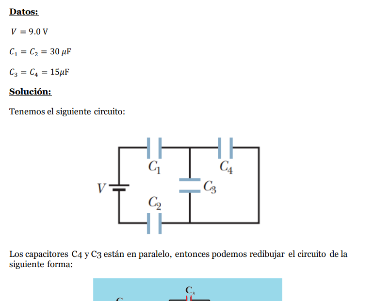 Para el circuito de capacitores mostrado, V=9,0 V,C1=C2=30μF, y C3=C4=15μF. ¿Cuál es la carga ...