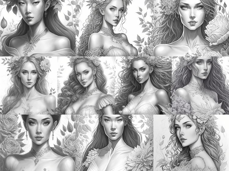 10 Floral Princess Vol 3 Coloring Pages | Printable Adult Coloring Pages | Download Grayscale ...