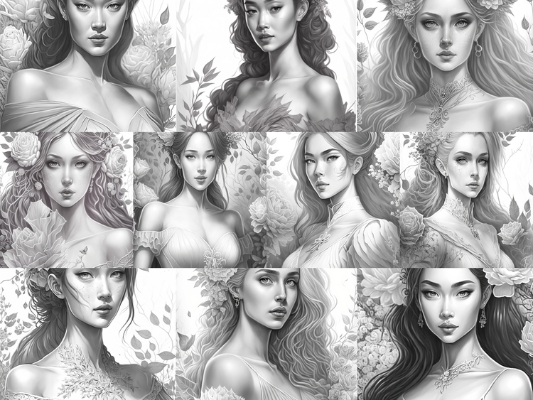 10 Floral Princess Vol 3 Coloring Pages | Printable Adult Coloring Pages | Download Grayscale ...