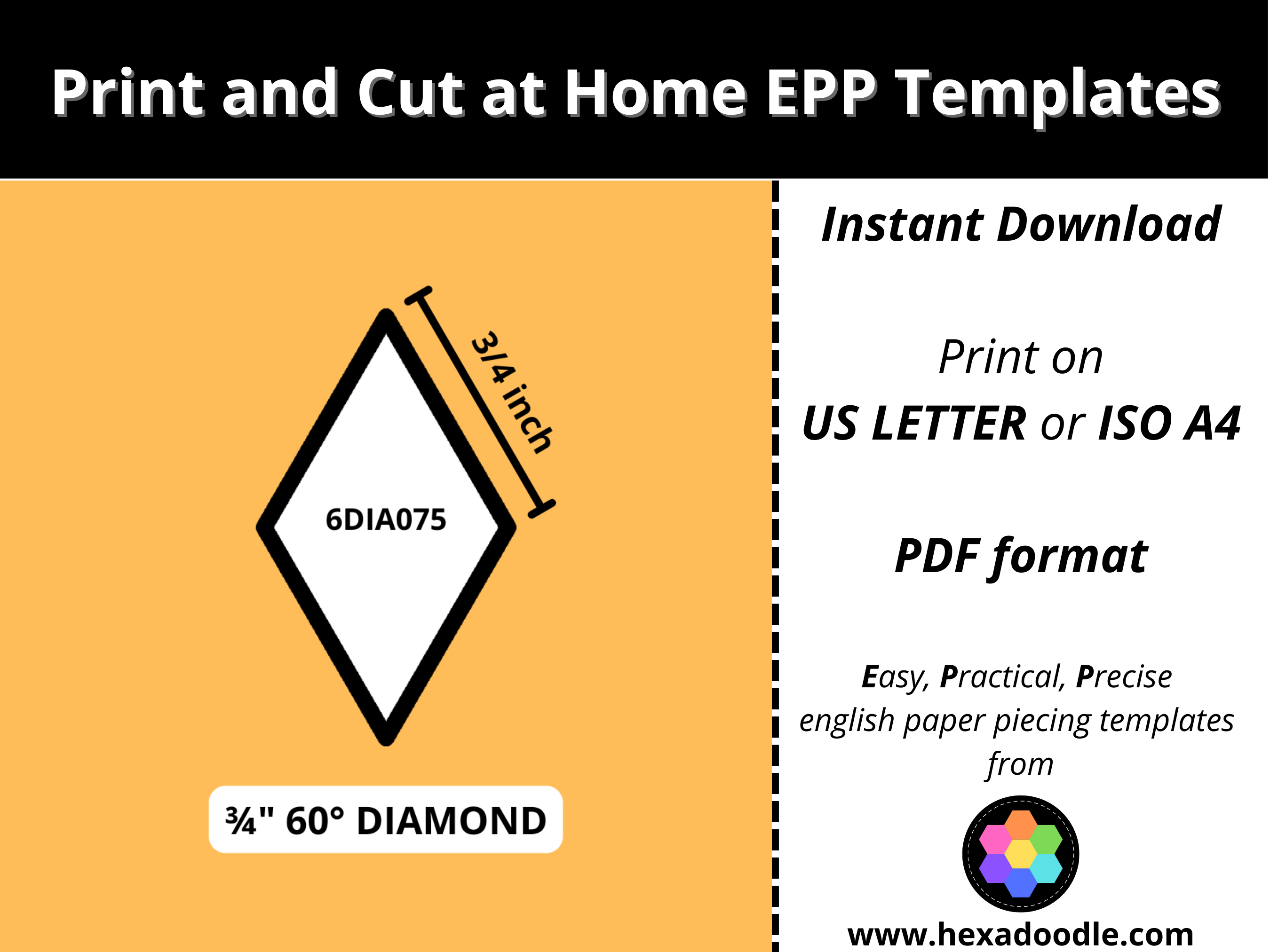 6DIA075 - 60° DEGREE DIAMOND - EPP Print and Cut at Home templates - ¾ ...