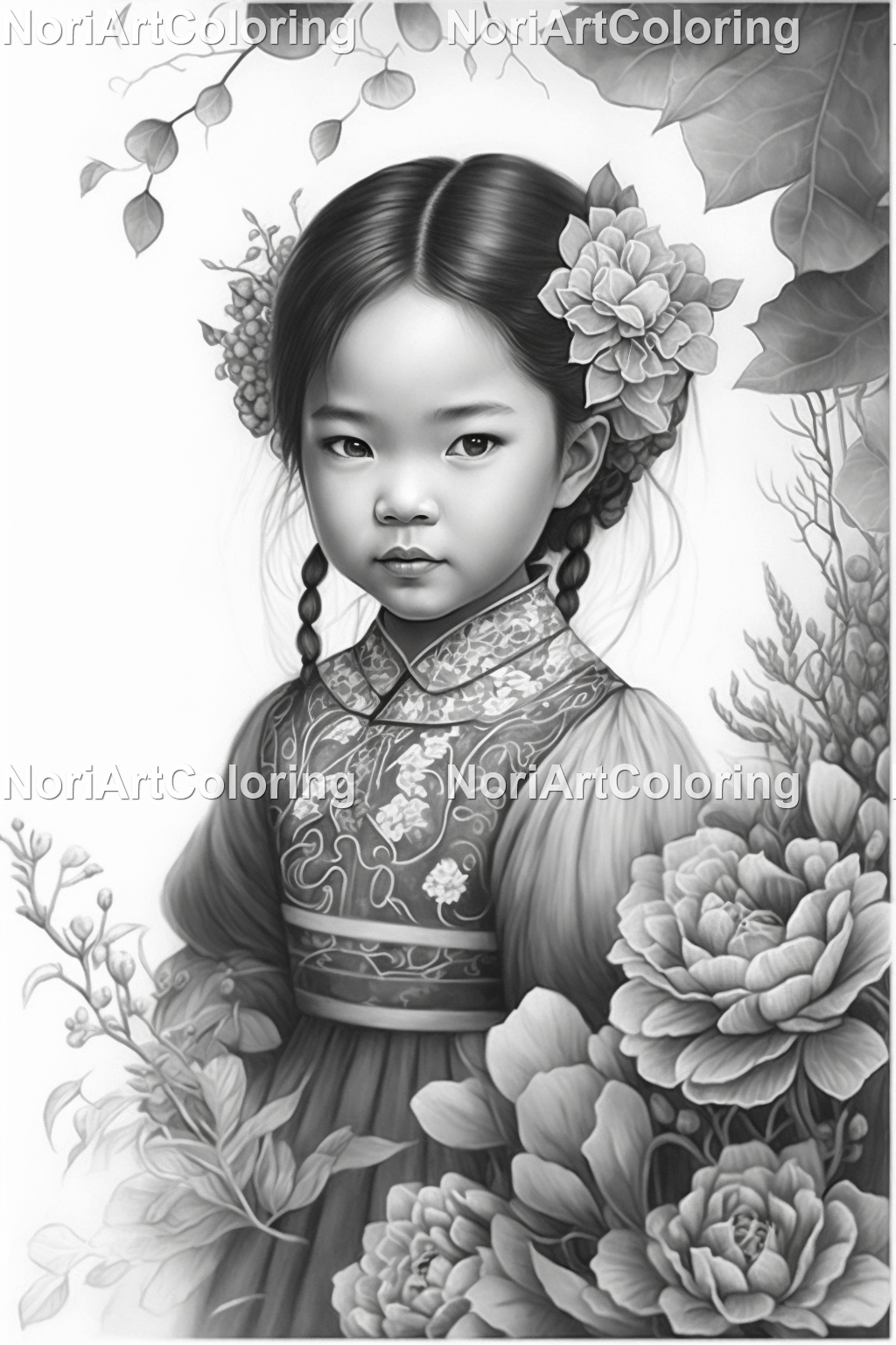12 Grayscale Beautiful Asian Girls and Women Coloring Pages | Printable ...