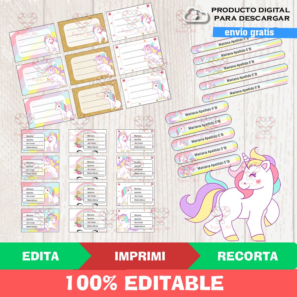 Unicornios - Etiquetas Escolares Editables - Payhip