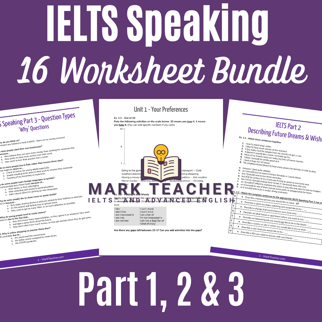 16 IELTS Speaking Worksheets - Part 1, Part 2 and Part 3 - Payhip