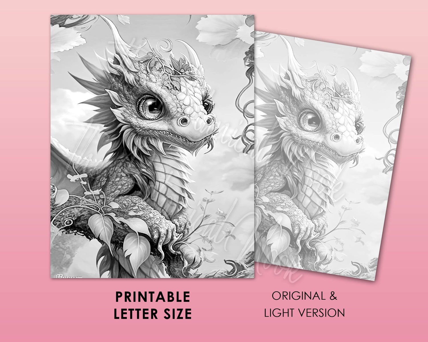 Baby Flower Dragon Fantasy Coloring Page Book, Adults kids- Instant Download - Grayscale ...