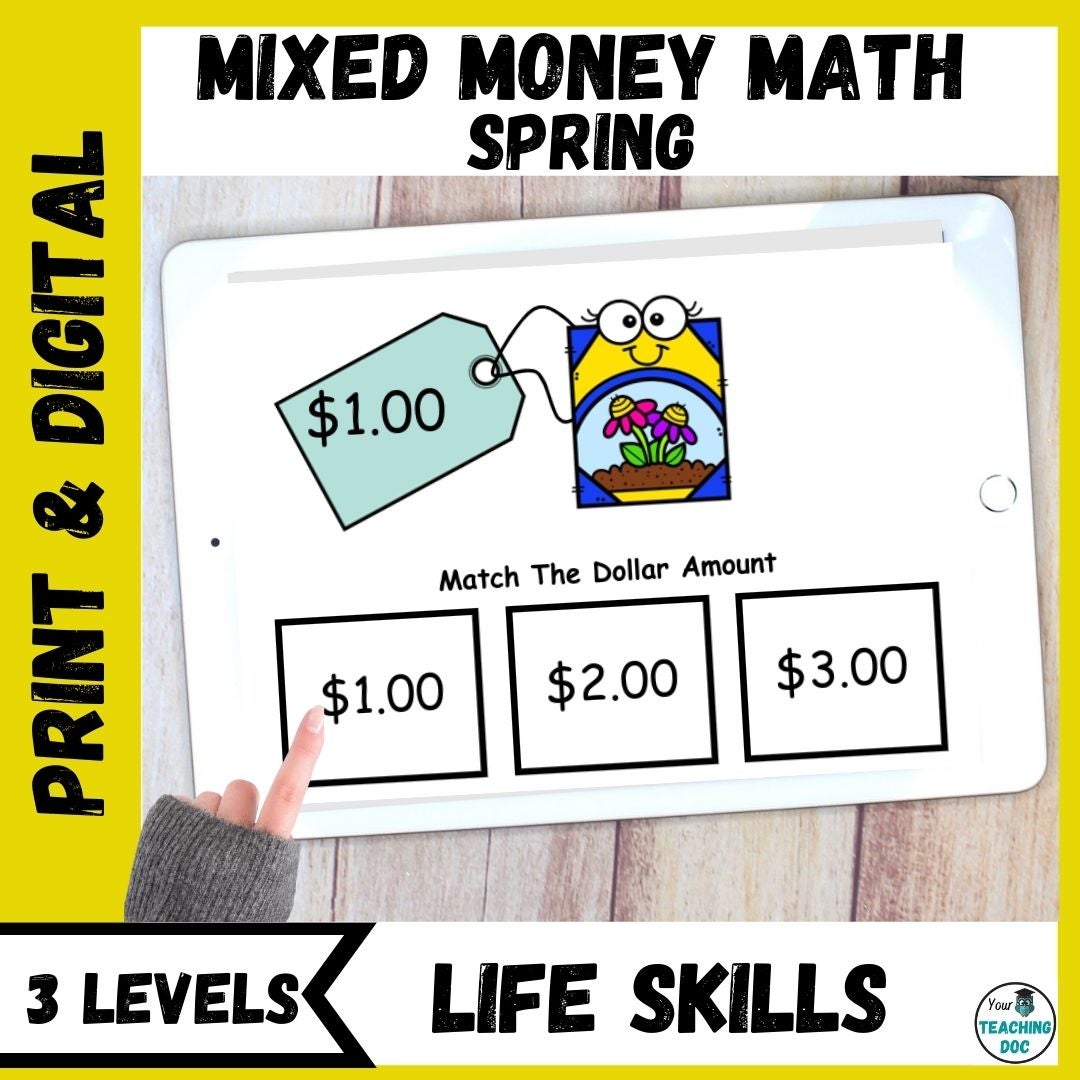 Spring Counting Mixed Money Math Life Skills PLUS Task Cards 3 Levels