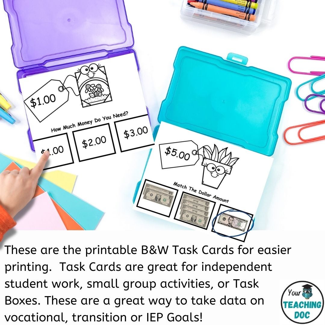 Spring Counting Mixed Money Math Life Skills PLUS Task Cards 3 Levels