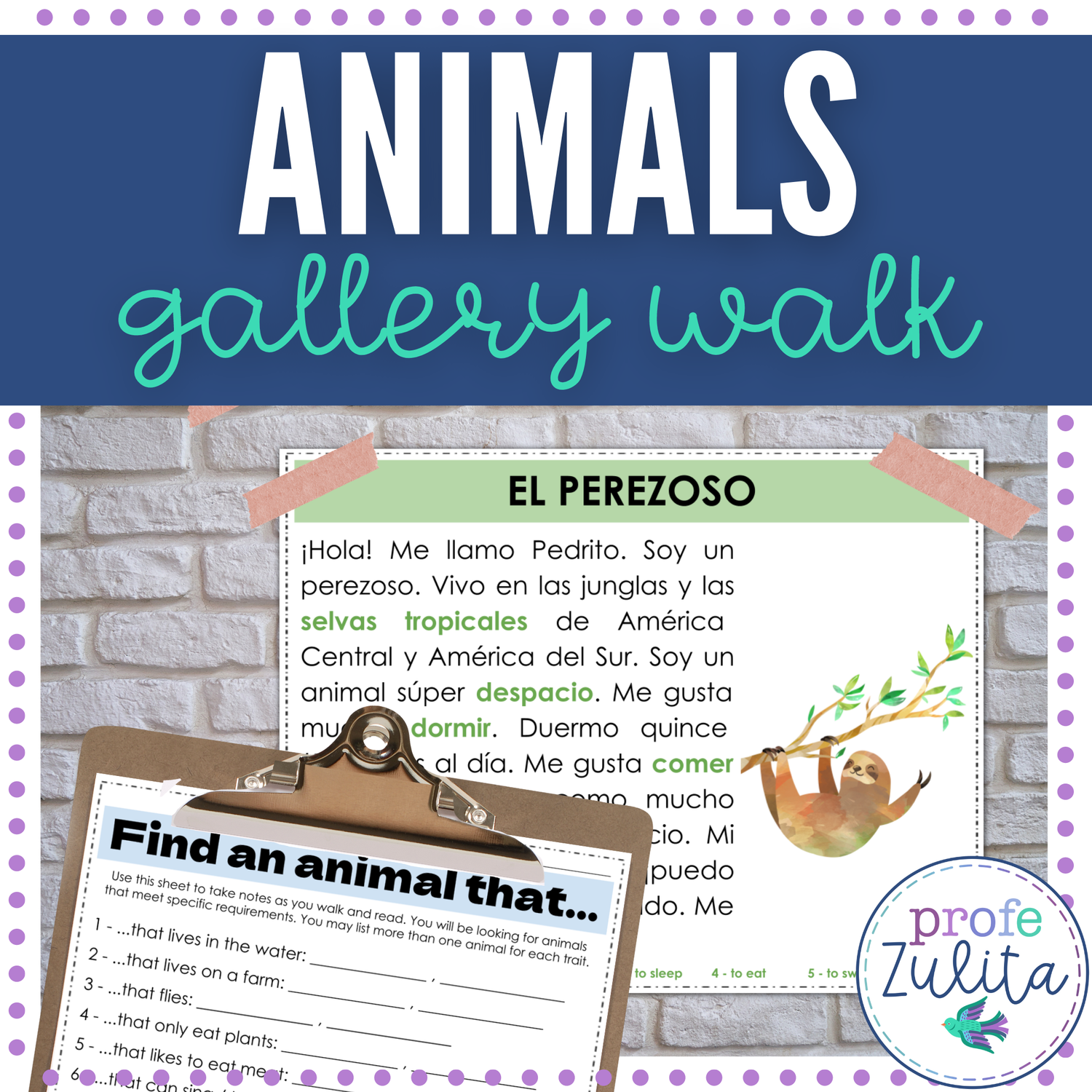 Readings with Animals in Spanish - Cognate Gallery Walk - Payhip