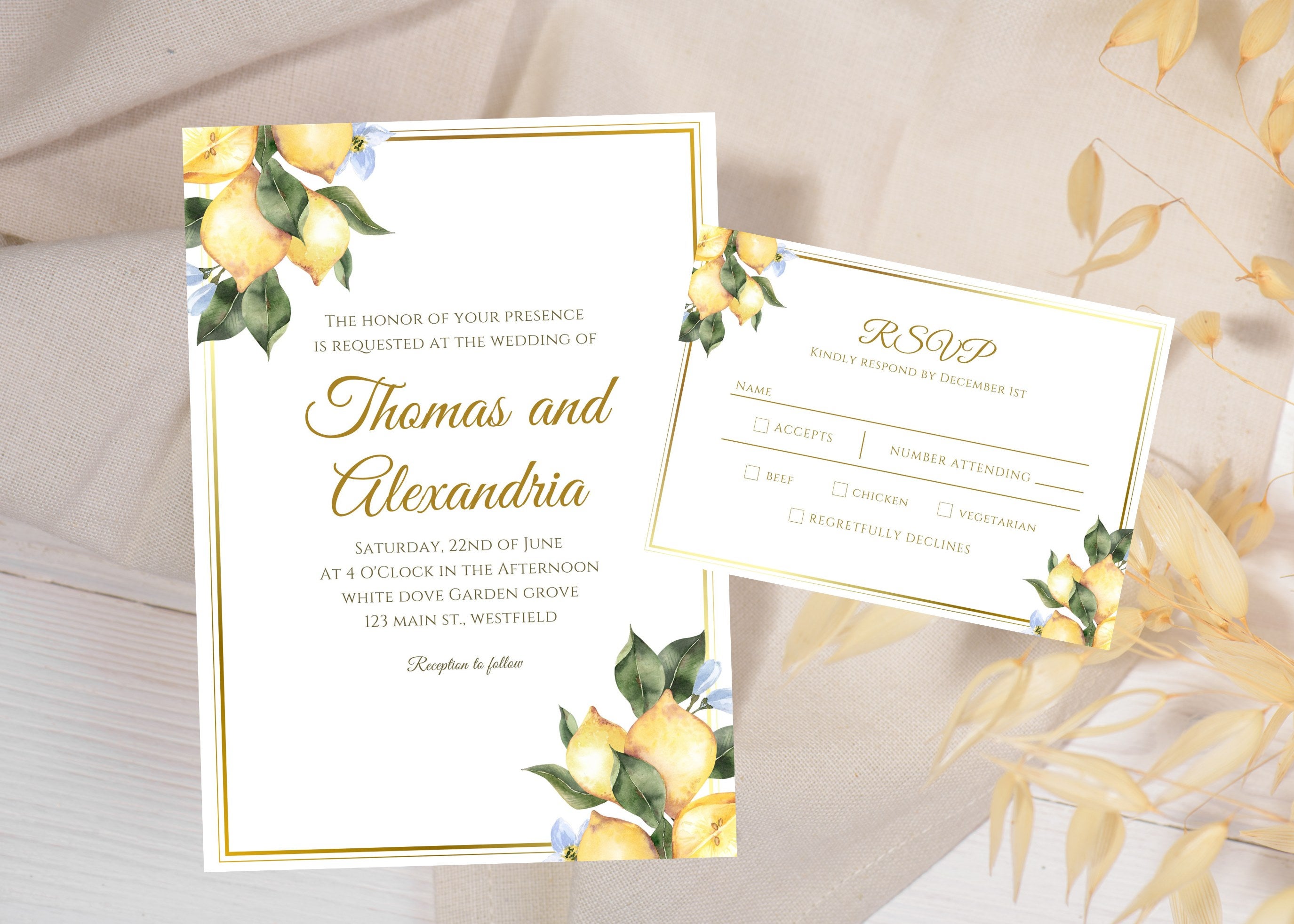 Lemon Wedding invitation template-wedding invite with RSVP-Lemon invite ...