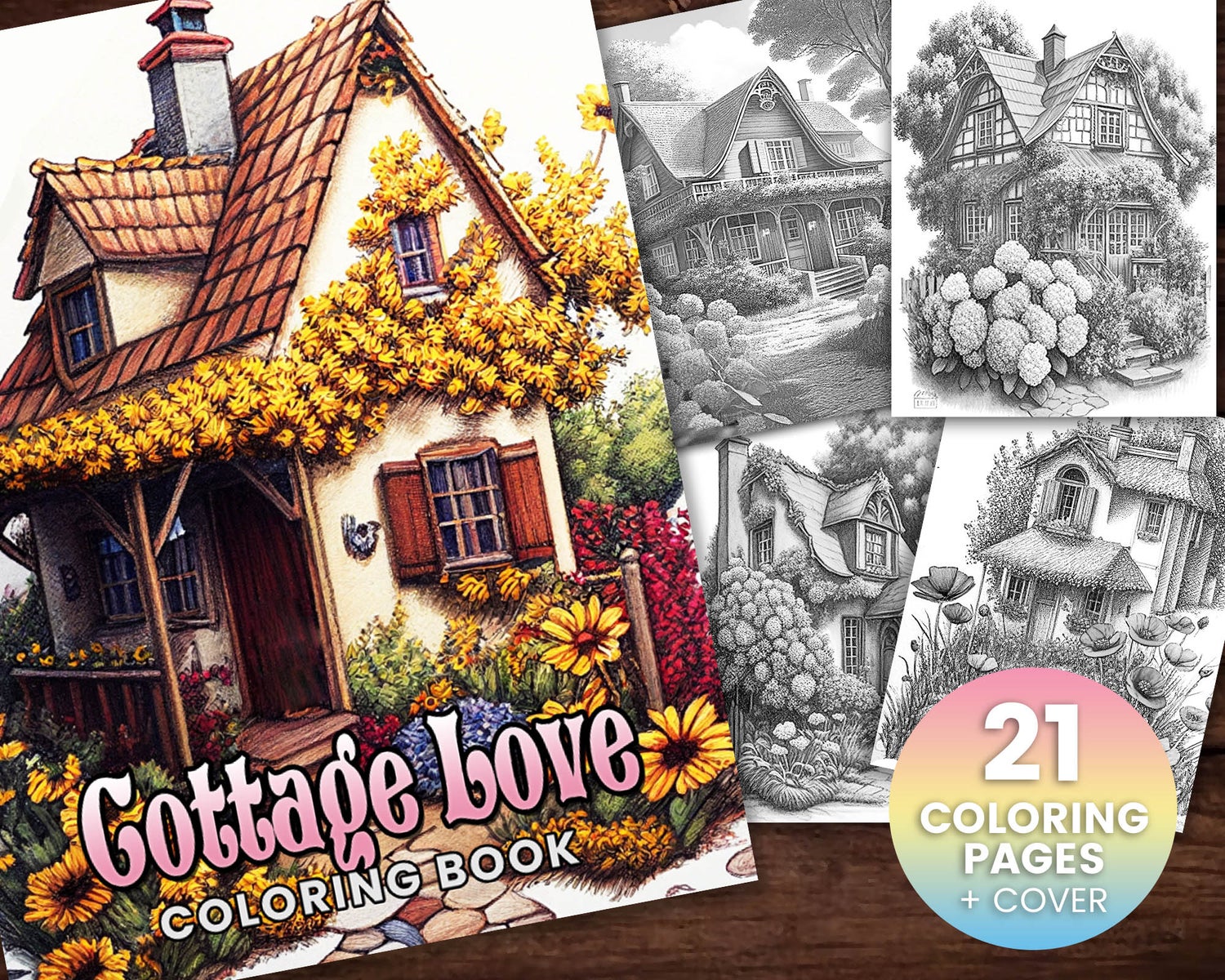 21 Cottage Love Coloring Book, Adults Instant Download -Grayscale ...