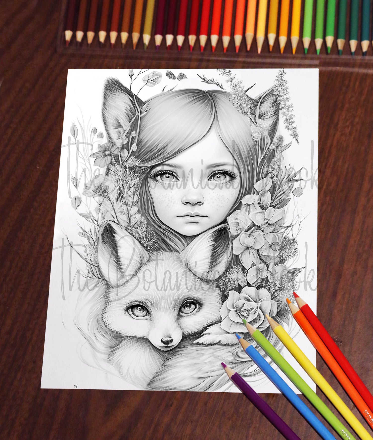 Girl and her Fox Fantasy Coloring Page, Adults & kids- Instant Download ...