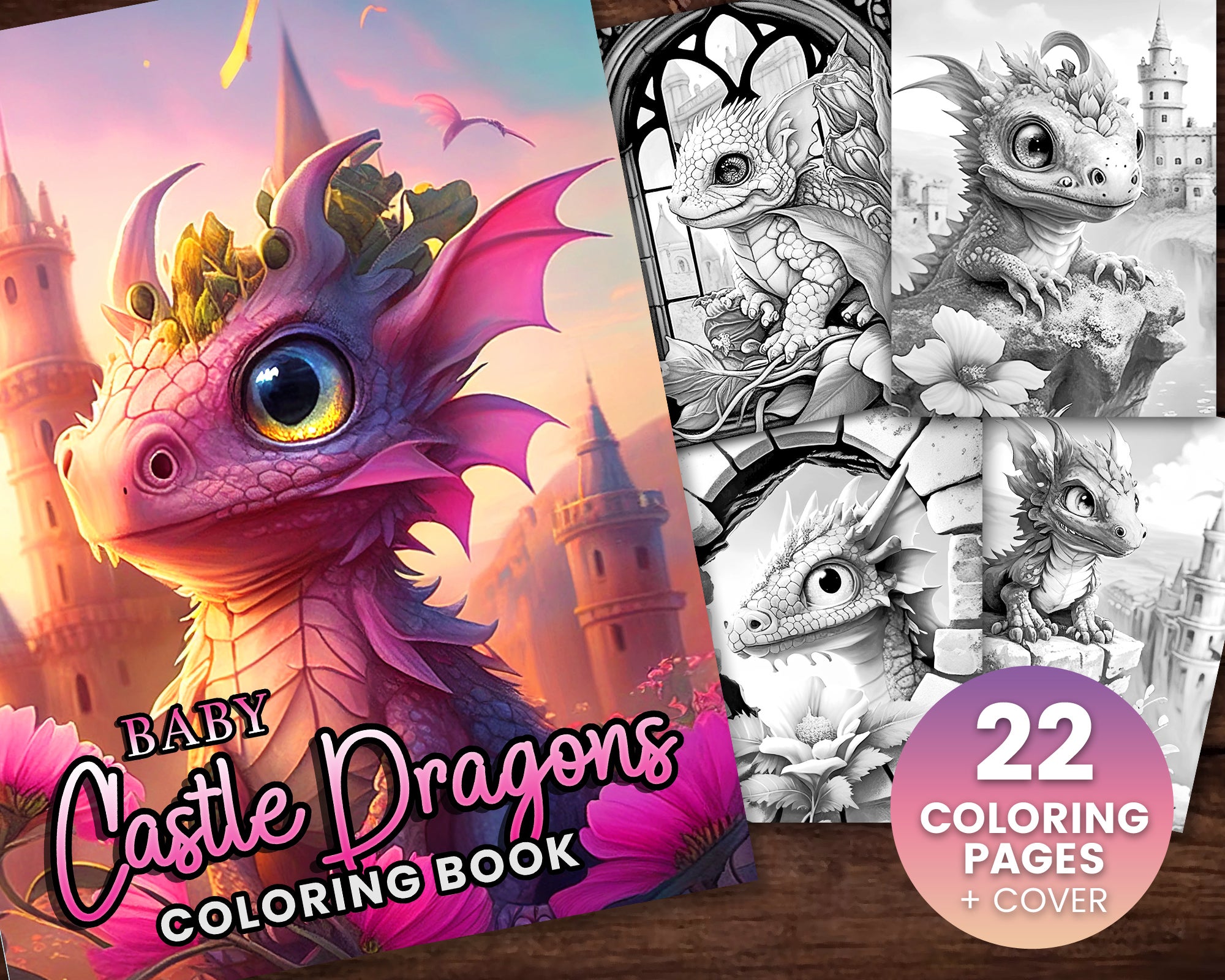 Baby Castle Dragon Fantasy Coloring Page Book, Adults kids- Instant ...