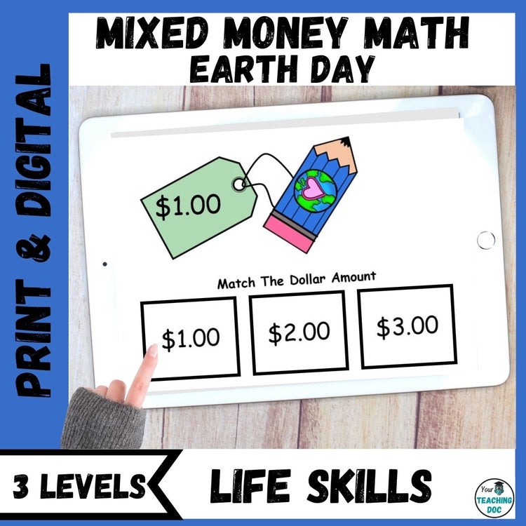 Spring Counting Mixed Money Math Life Skills PLUS Task Cards 3 Levels