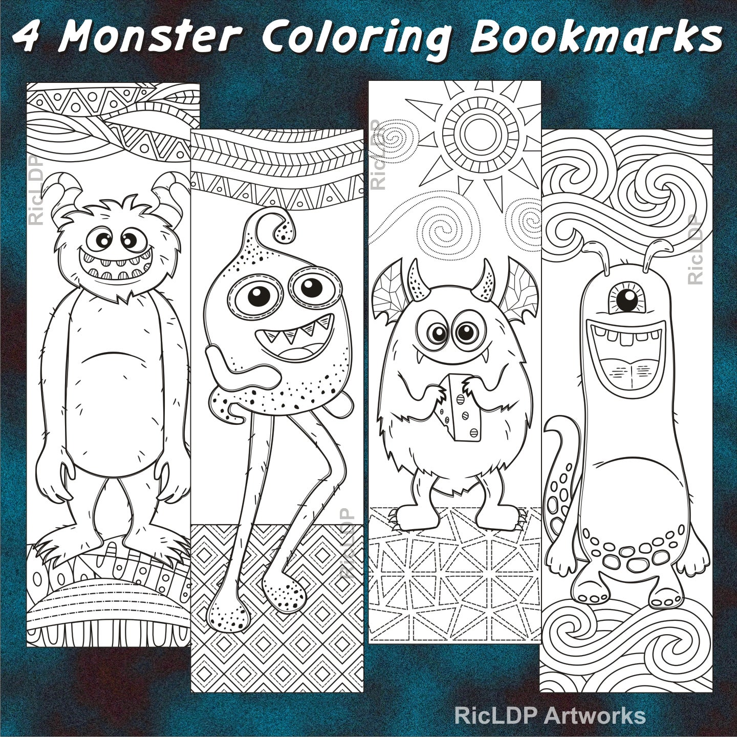4 Coloring Bookmarks with Cute Monsters Set 2 - Payhip