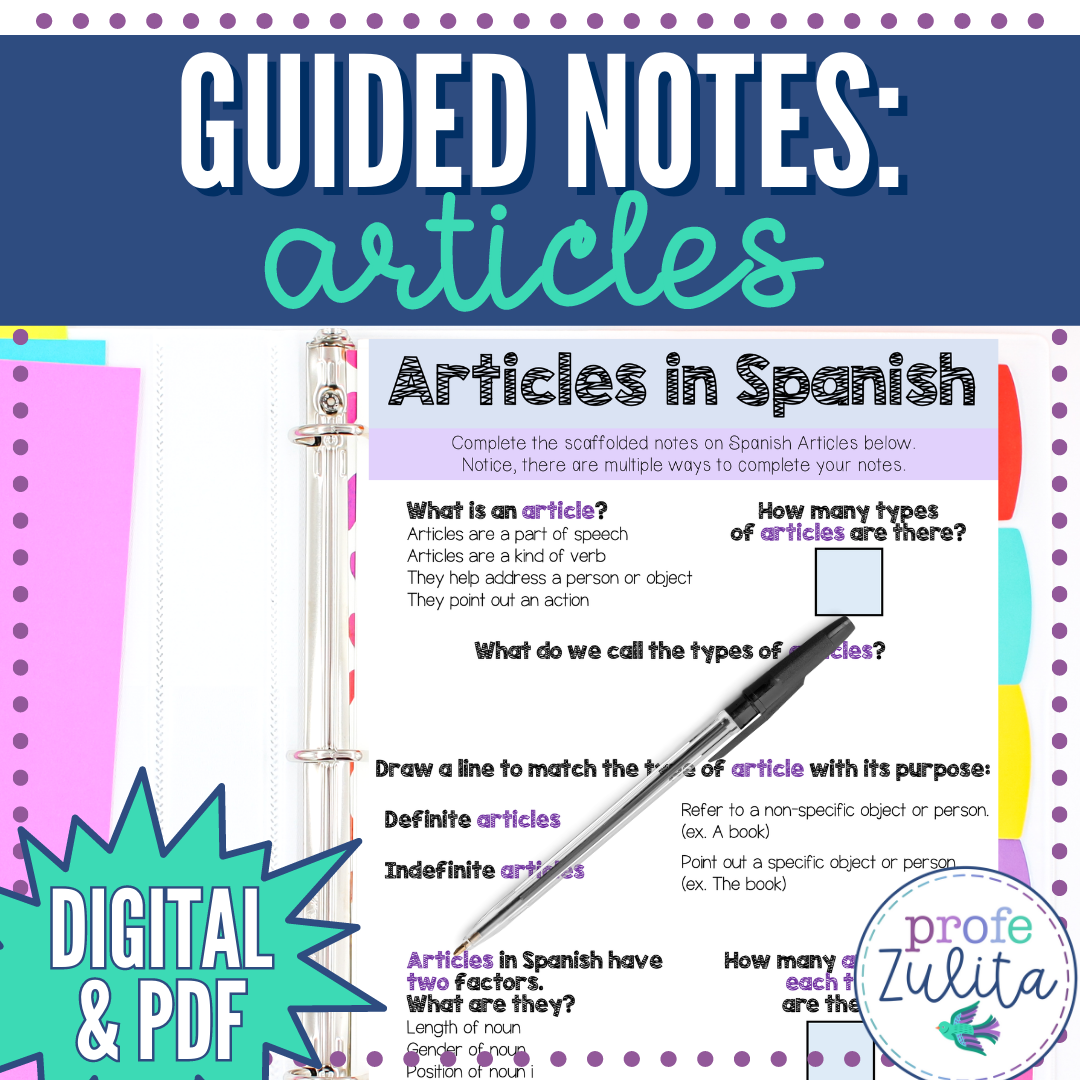 Definite and Indefinite Articles in Spanish Guided Notes for Students ...