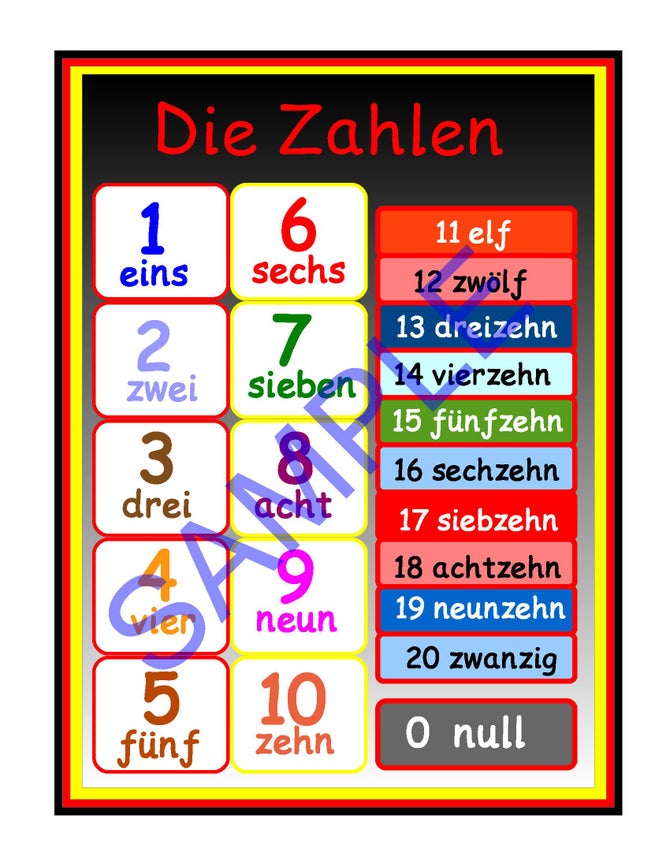 A Poster to teach numbers 0-20 in German. - Payhip